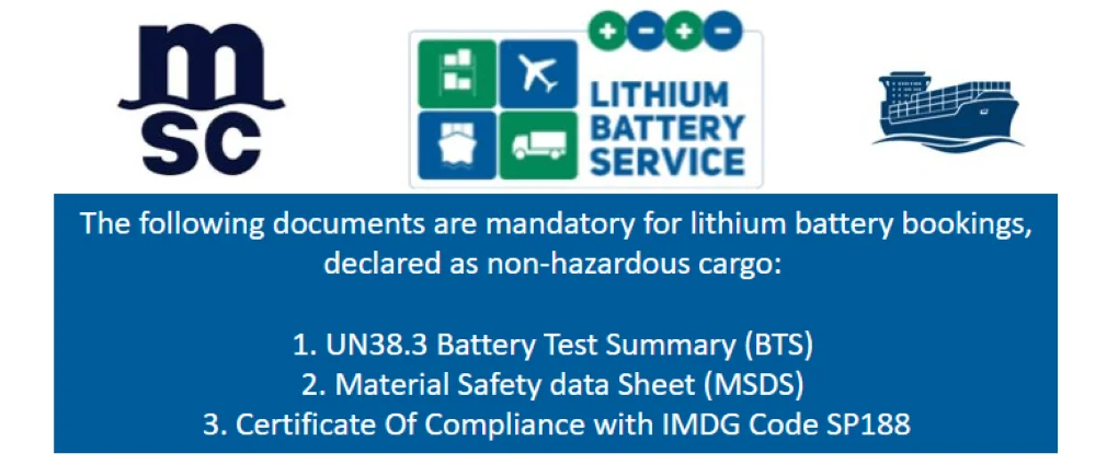 Shipping company MSC requires declaration for SP 188 transports